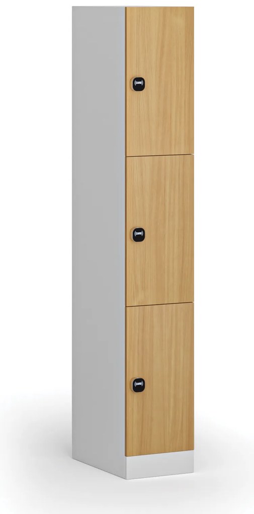 Šatní skříňka S1 s úložnými boxy, 3 boxy, 1850 x 300 x 500 mm, demont, RFID zámek, laminované dveře, buk