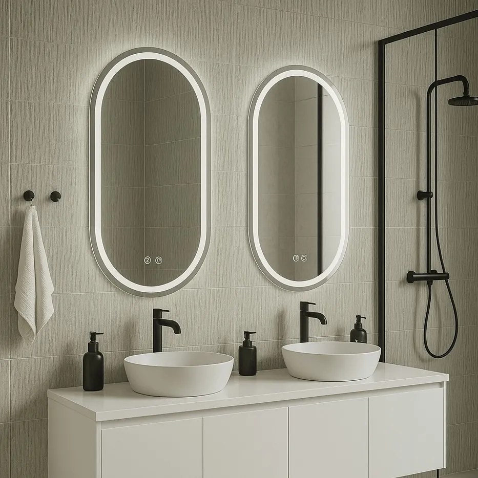 Erga Lyra, oválné LED zrcadlo 50x90cm, 3 barvy světla, přední a zadní osvětlení, vyhřívací podložka proti zapaření, ERG-V01-LYRA-5090-CL