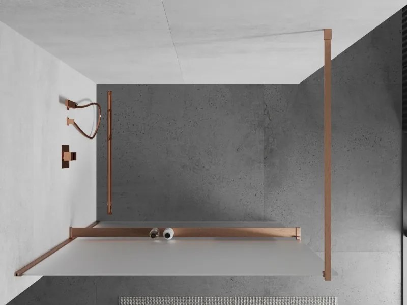 Mexen Kioto+, sprchová zástěna Walk-In s poličkou a věšákem 140 x 200 cm, 8mm sklo námraza, měděný matný profil, 800-140-121-65-30
