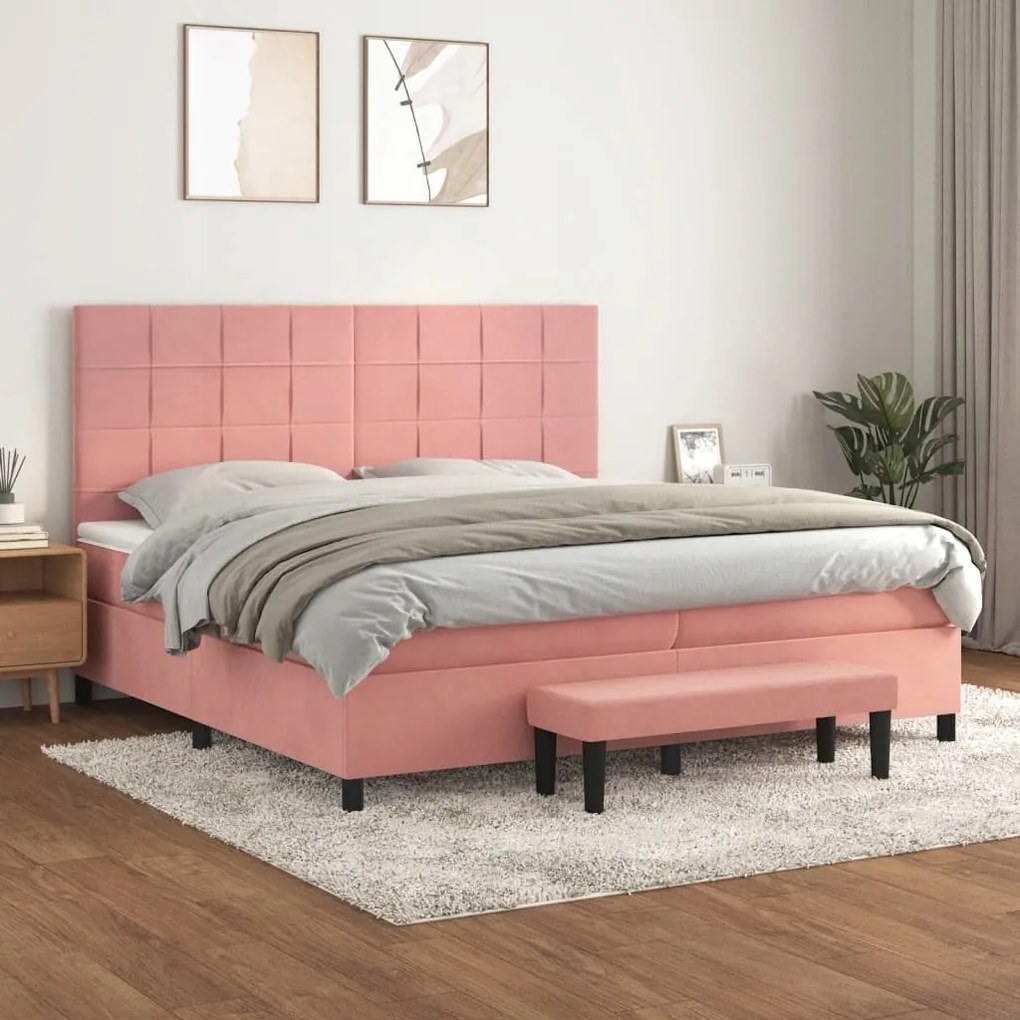 Box Spring Postel S Matrací Samet Růžová Blok se čtverci 200 x 200 cm