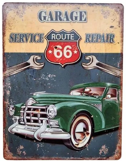 Nástěnná kovová cedule Garage Service Route 66 - 25*33 cm