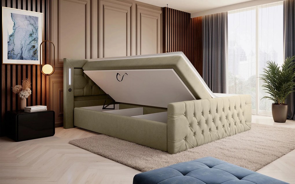 K&M postele Boxspring postel ELEGANCE s úložným prostorem, LED a USB Velikost postele: 160 × 200 cm, Výběr matrace: Taštičková zónová matrace - měkká…