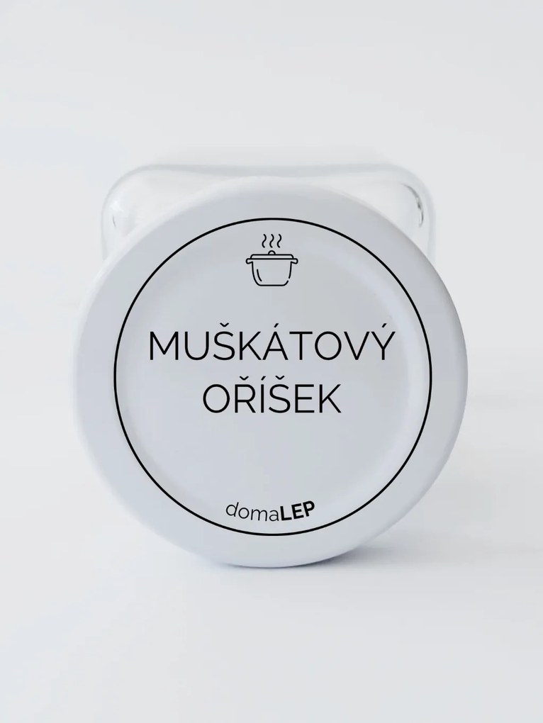 Samolepka na kořenky MUŠKÁTOVÝ OŘÍŠEK průhledná 5 cm základní písmo