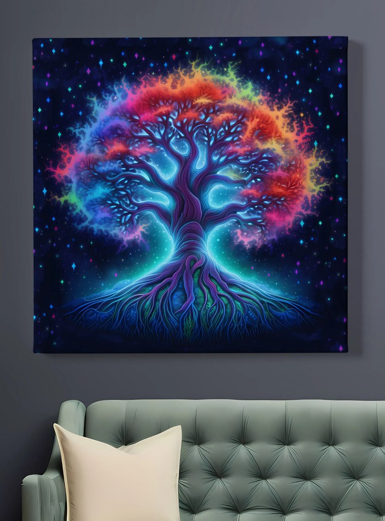 Obraz na plátně - Strom života neon universe FeelHappy.cz Velikost obrazu: 80 x 80 cm