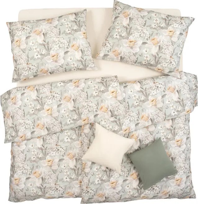 SCANquilt povlečení SATÉN DESIGN narcisy mentolovobílá 140 x 200/70 x 90 cm