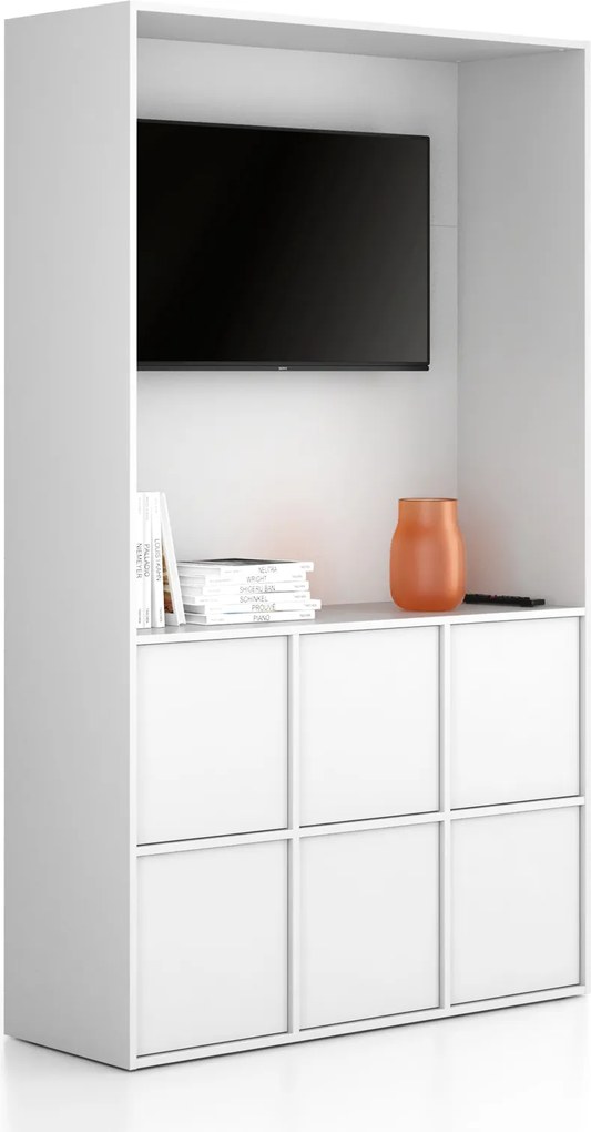 Kancelářská skříň FRAME, 6x dveře, prostor pro TV, 1299 x 450 x 2162 mm, PUSH-lock, bílá