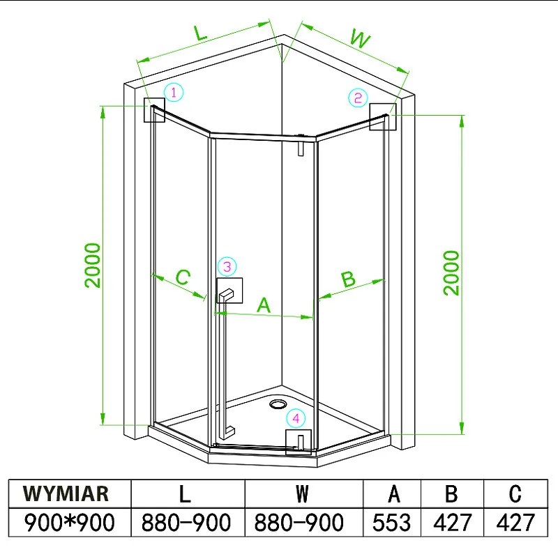 BPS-koupelny Pětiúhelníkový sprchový kout HYD-PK07B 90x90 černá/transparent - bez vaničky