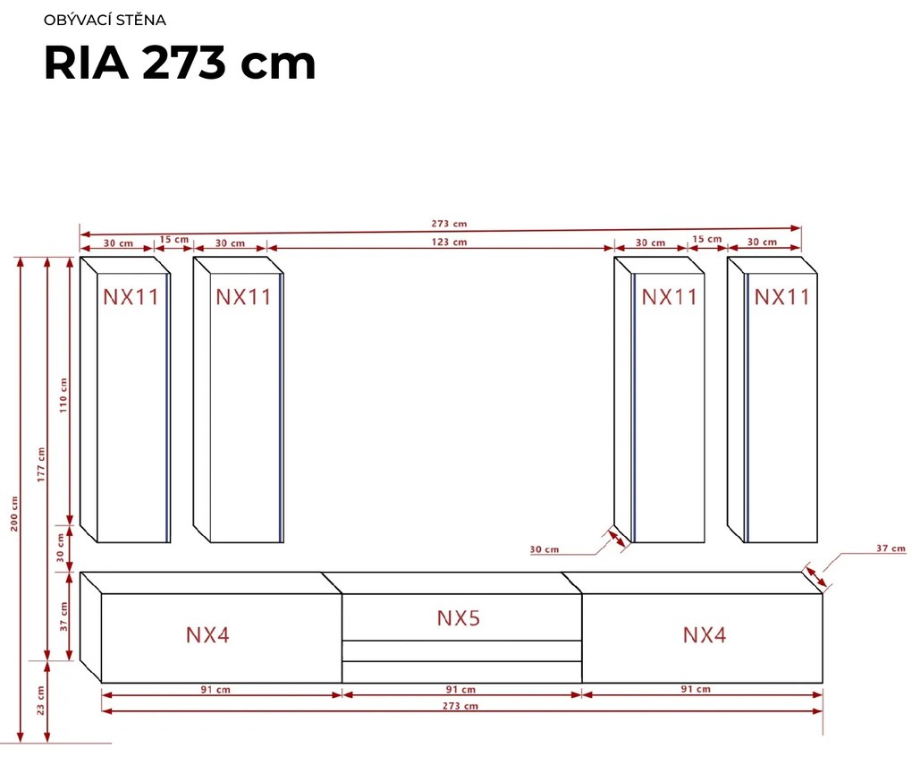 Ral Obývací stěna RIA 273 cm - Černý lesk