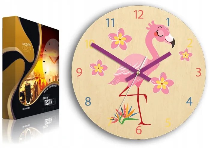 M.Clock Dětské nástěnné hodiny plameňák 30x30cm hnědé