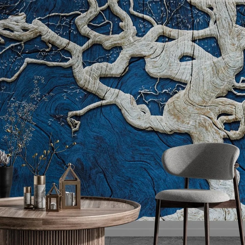 Samolepící tapeta abstraktní strom na dřevě s modrým kontrastem