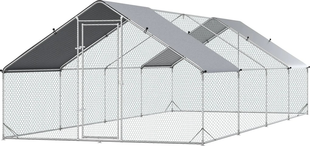 PawHut Velký venkovní kurník 24 m² pro 16-24 slepic 3x8x2 m Galvanizovaný ocelový kurník s PE krytem a zámkem - Stříbrný