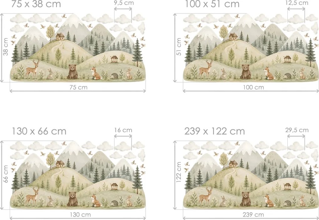 Kopečky a zvířátka z lesa samolepky na zeď pro děti arch 75 x 38 cm