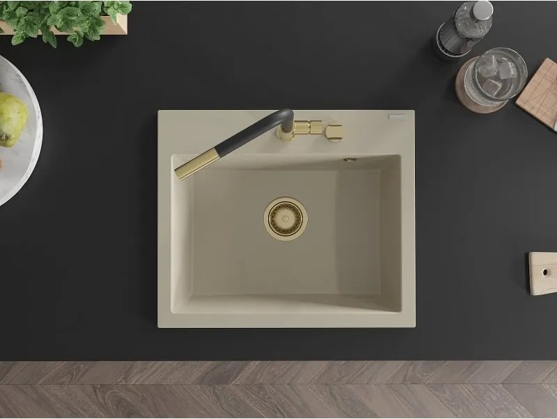 Mexen Oscar granitový dřez 1-komorový 580 x 490 mm, béžový, zlatý sifon - 6519581000-69-G