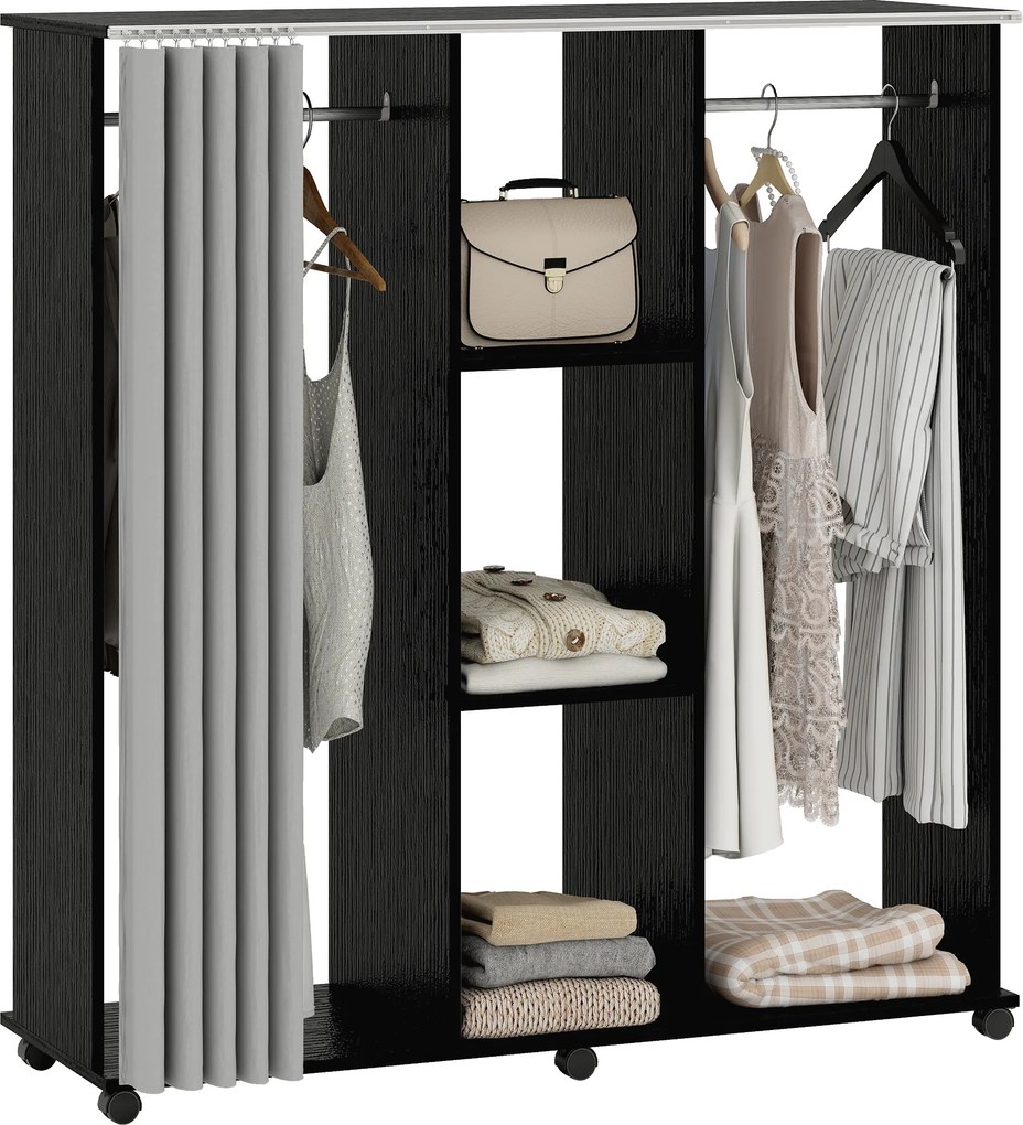 HOMCOM Šatní skříň, šatník, mobilní úložná skříň 6 koleček 120L x 40l x 128H cm, černé dřevo