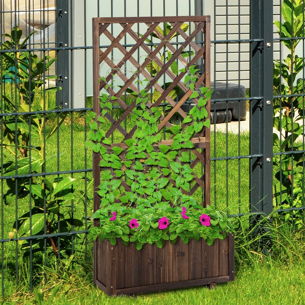 Outsunny vyvýšený záhon s mříží Dřevěný květinový truhlík 72,5x31,5x149,5 cm ideální pro popínavé rostliny a růže na zahradě |