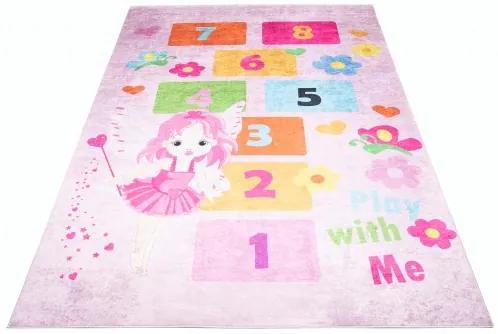 Dětský kusový koberec vhodný k praní BAMBINO 2138 Čísla Víla Motýlci protiskluzový růžový Rozměr: 80x150 cm
