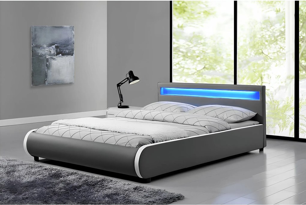 Manželská postel s RGB LED osvětlením, šedá, 180x200, DULCEA