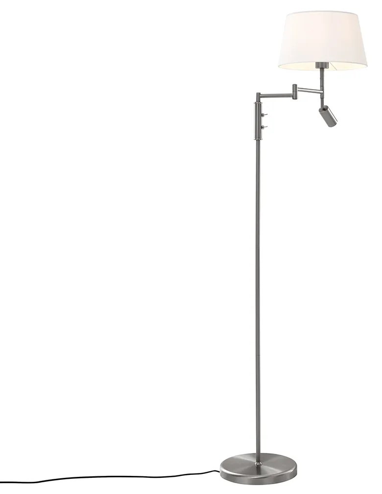 Stojací lampa ocelová s bílým stínítkem a nastavitelným světlem na čtení - Ladas