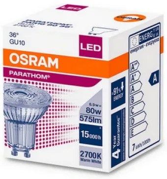 LED žárovka GU10 PAR16 Osram PARATHOM 6,9W (80W) teplá bílá (2700K), reflektor 36°