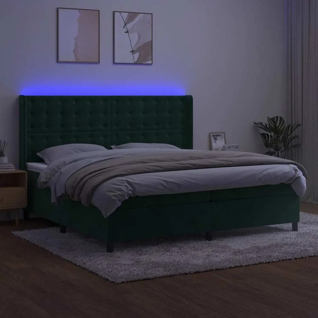 Box spring postel s matrací a LED tmavě zelená 200x200 cm samet 3139826