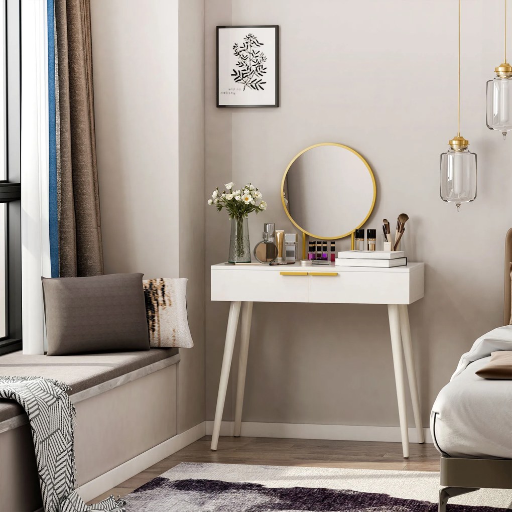 HOMCOM Toaletní stolek s kulatým zrcadlem, líčící stolek se 2 zásuvkami, moderní styl pro ložnici nebo šatnu 80x40x123 cm Bílý
