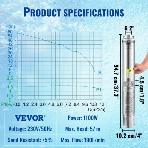 ponorné čerpadlo do hlubokých studní, 1100 W 230 V/50 Hz, 190 l/min 57 m
