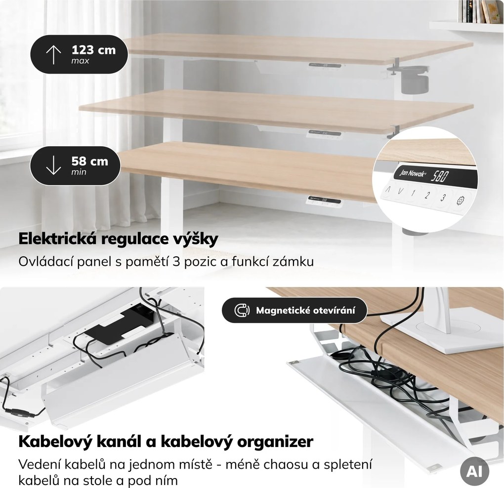 Elektrický stůl s nastavitelnou výškou ergonomický bílý/dub sonoma,1600x800 mm: ARIA