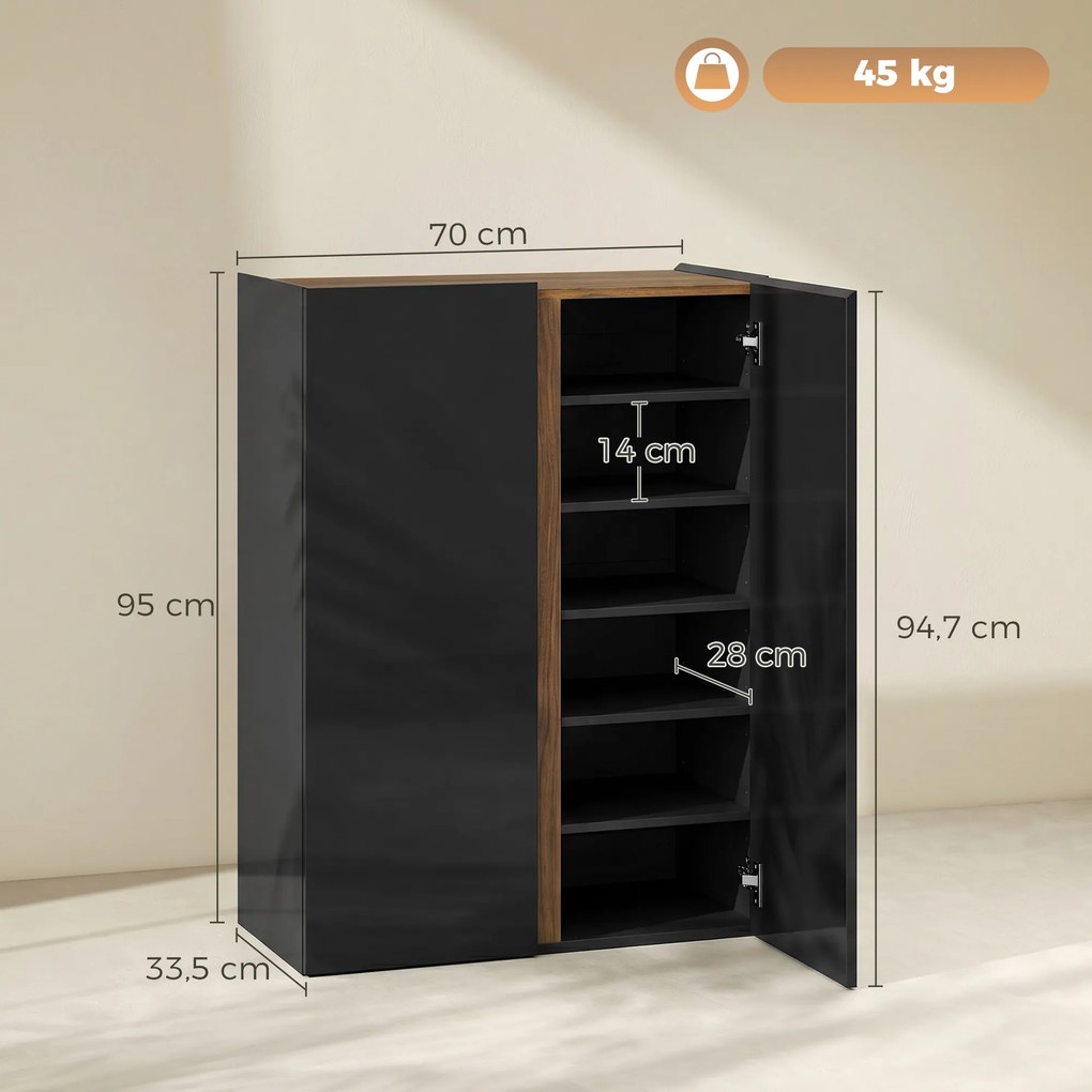 Skříňka na boty HOMCOM s bezpečnými soft‑close dveřmi, 6 polic, až 18 párů, bezúchytový design, vysoce lesklá černá