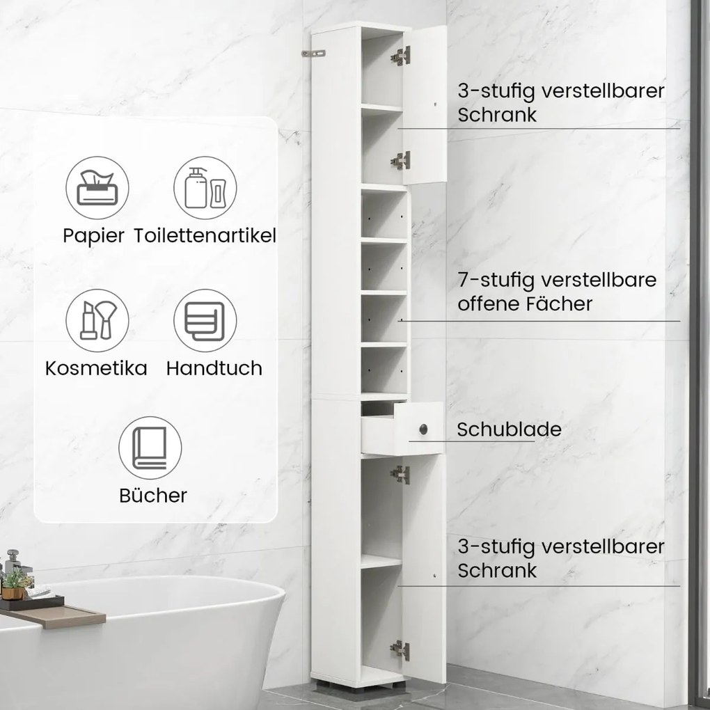 Costway Koupelnová skříňka Slim se 2 dveřmi a 1 zásuvkou a nastavitelnými
