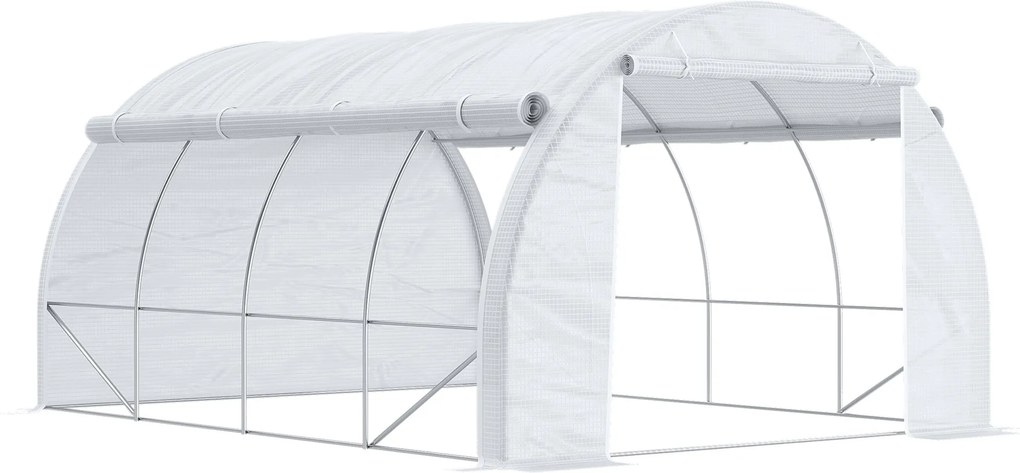 Outsunny Poly Tunnel Skleník 4 x 3 x 2 m Skleník pro vstup s rolovacími kryty Polykarbonátový skleník s uv ochranou Ocelový rám Bílý | Aosom