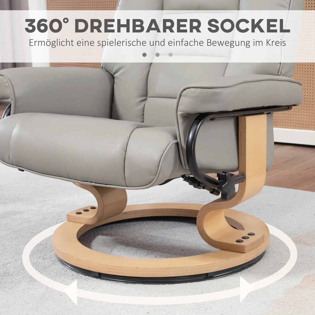 HOMCOM Relaxační křeslo s taburetem, otočné o 360°, naklopitelné o 130°, s funkcí polohování, vysoký opěrák, dřevěný rám, koženka, 76x85x104cm, šedé|…