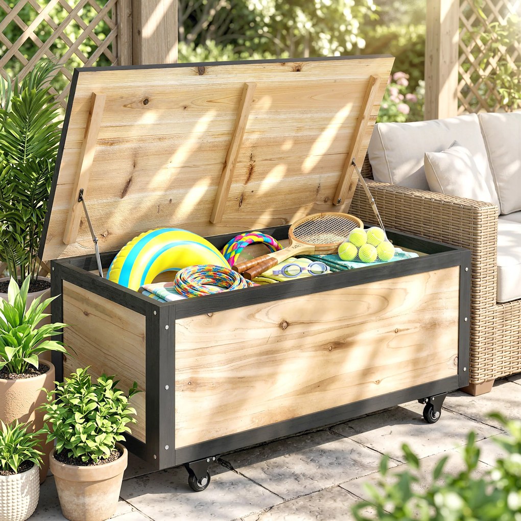 Outsunny zahradní box dřevěný úložný box 121L úložný box na kolečkách, úložný box odolný proti povětrnostním vlivům na balkon, terasu, do přírody