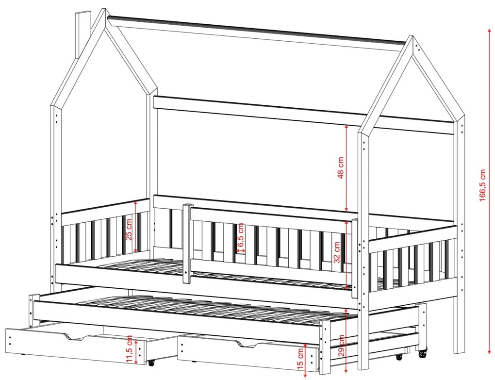 Dětská domečková postel s přistýlkou a šuplíky MATYLDA - 200x90 cm - bílá