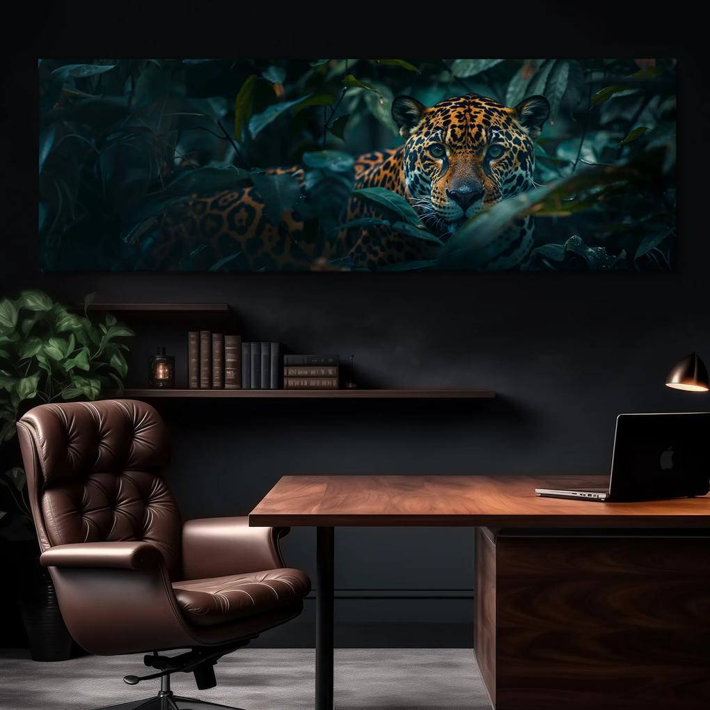 Obraz na plátně - Jaguár skrytý v temné džungli FeelHappy.cz Velikost obrazu: 120 x 40 cm