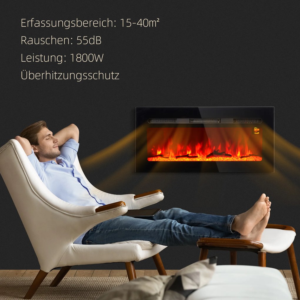 HOMCOM Elektrický krb s LED efektem plamene,1800 W nástěnný krb ve 3 barvách s 5 úrovněmi jasu, elektrický krb s dálkovým ovládáním, dotykový displej…