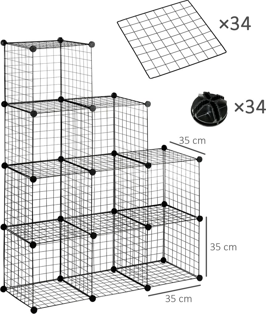 HOMCOM Regálový systém DIY z ocelového drátu, 9 přihrádek na boty, černý, do obývacího pokoje, 35x35x35cm, prostorově úsporný a moderní