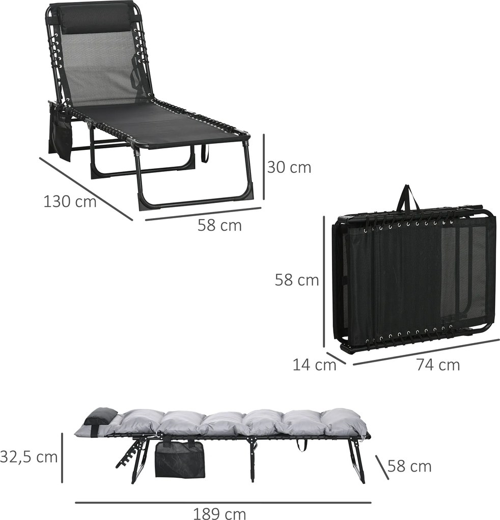 Skládací lehátko, 5stupňové polohování opěradla, polštář, podpěra, do 120 kg, ocel, světle šedá, 58 x 189 x 32,5 cm