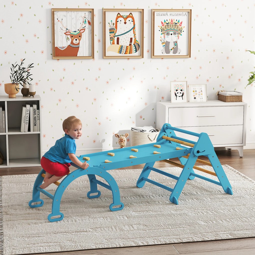 AIYAPLAY 7v1 skládací Montessori lezecí trojúhelník ze dřeva s obloukem a rampou pro děti 18-48 měsíců 188x70 cm modrá