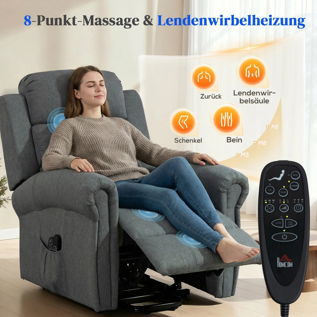HOMCOM Masážní křeslo s asistencí při vstávání, relaxační křeslo, vibrační hlavy, s polohovací funkcí, vzhled lnu, šedá