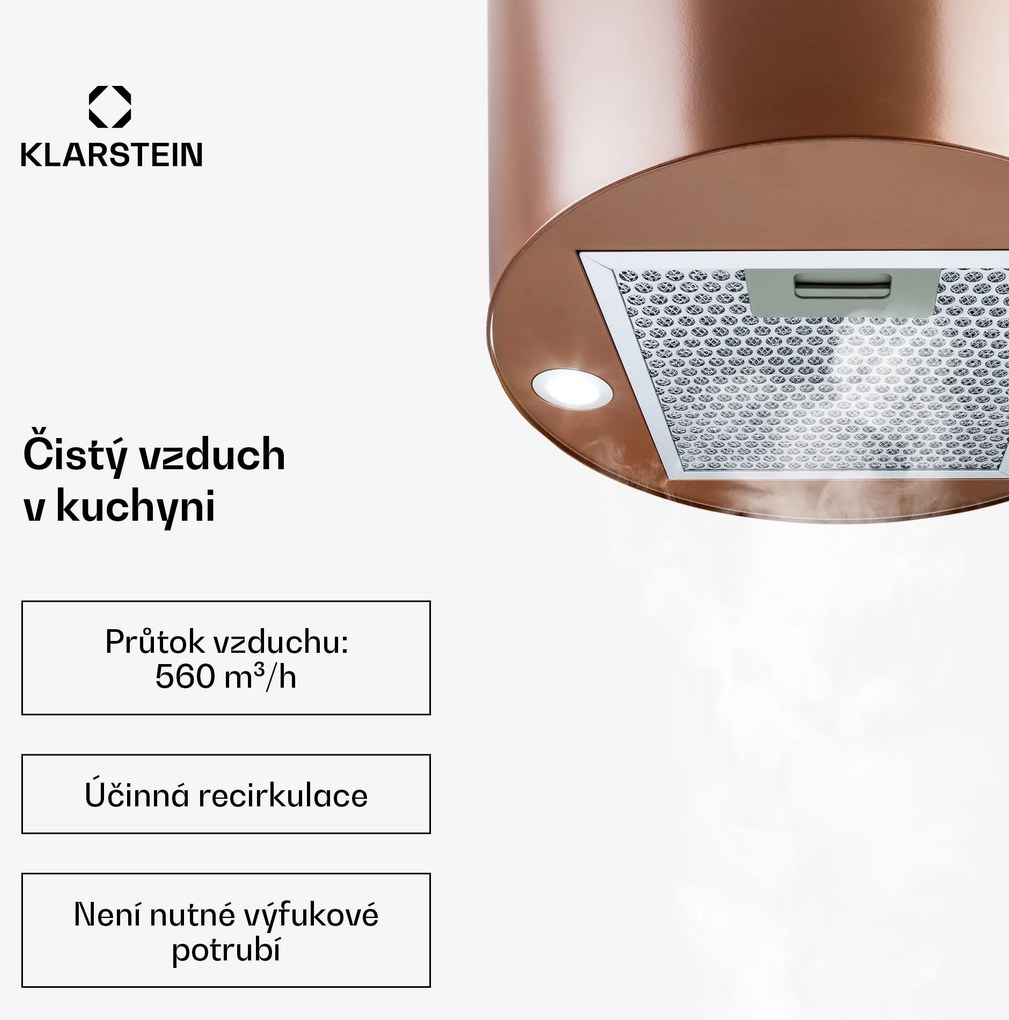 Klarstein Ostrovní digestoř Barett Ø 35 cm, recirkulační provoz, 522 m³/h, LED osvětlení, filtr s aktivním uhlím