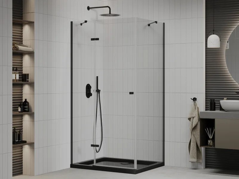 Mexen Roma, sprchový kout s 1-křídlými dveřmi 120 (dveře) x 90 (stěna) cm, 6mm čiré sklo, černý profil, slim sprchová vanička 5cm černá s černým sifonem, 854-120-090-70-00-4070B