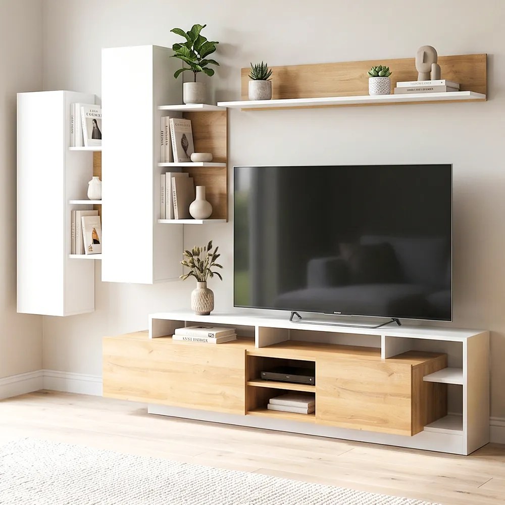 Obývací stěna s komodou ALVA a konferenčním stolkem | 260 cm + 155 cm + 120x60 cm | dub grandson/bílá