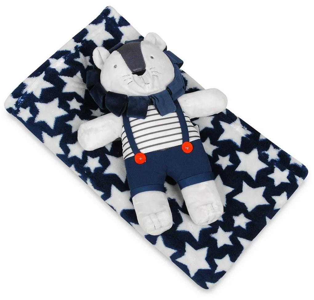 Babymatex Dětská deka modrá s hvězdami s plyšákem lev, 75 x 100 cm