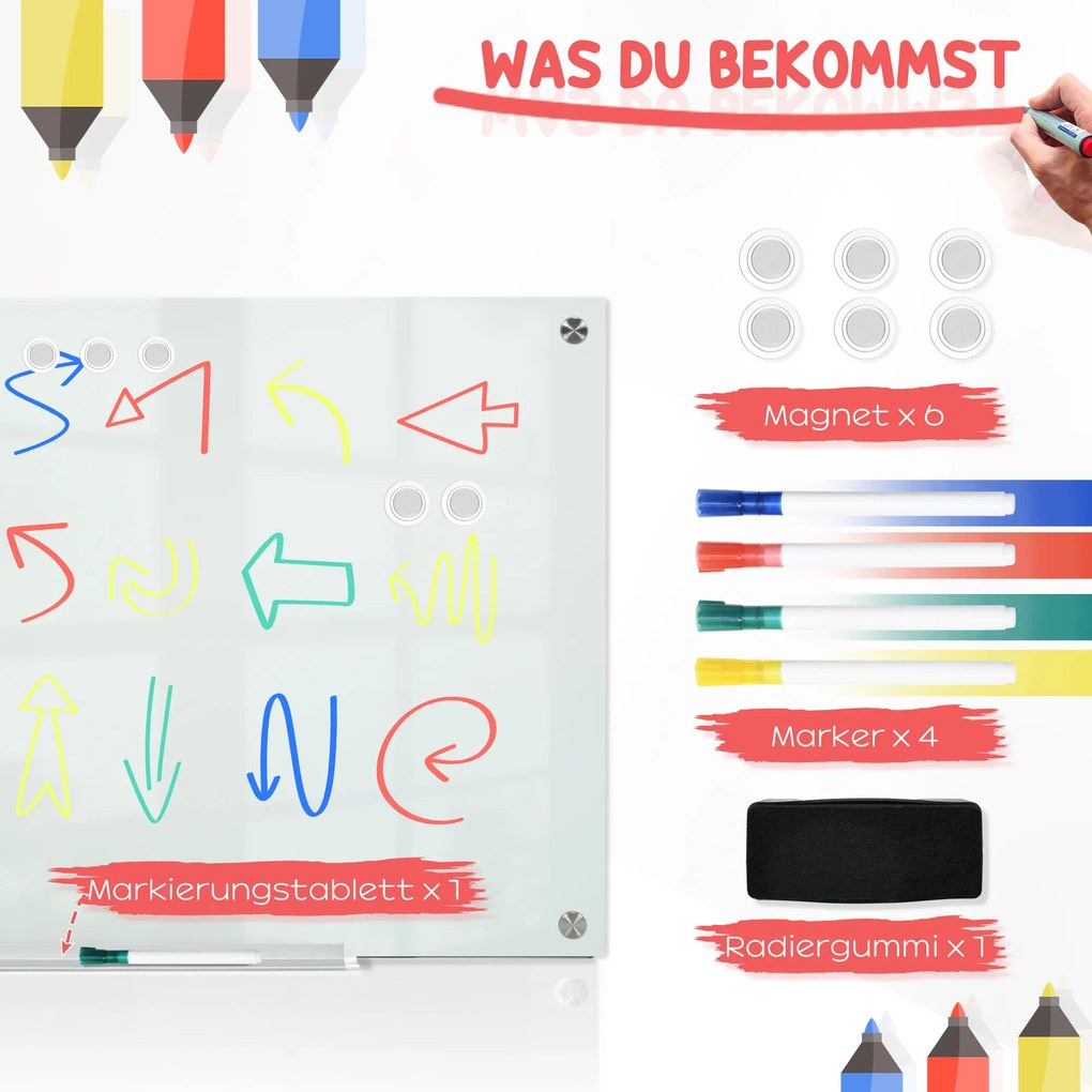 Magnetická tabule Vinsetto 90x60cm se 4 pery, 6 magnety, 1 houbičkou a poličkou, stojanová skleněná tabule k montáži na zeď