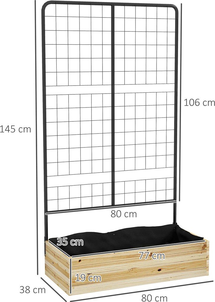 Vyvýšený záhon Outsunny s podpěrou pro šplhání, truhlík z přírodního dřeva, bylinkový záhon a květinový truhlík pro zahradu a balkon, 80 x 38 x 145 c…
