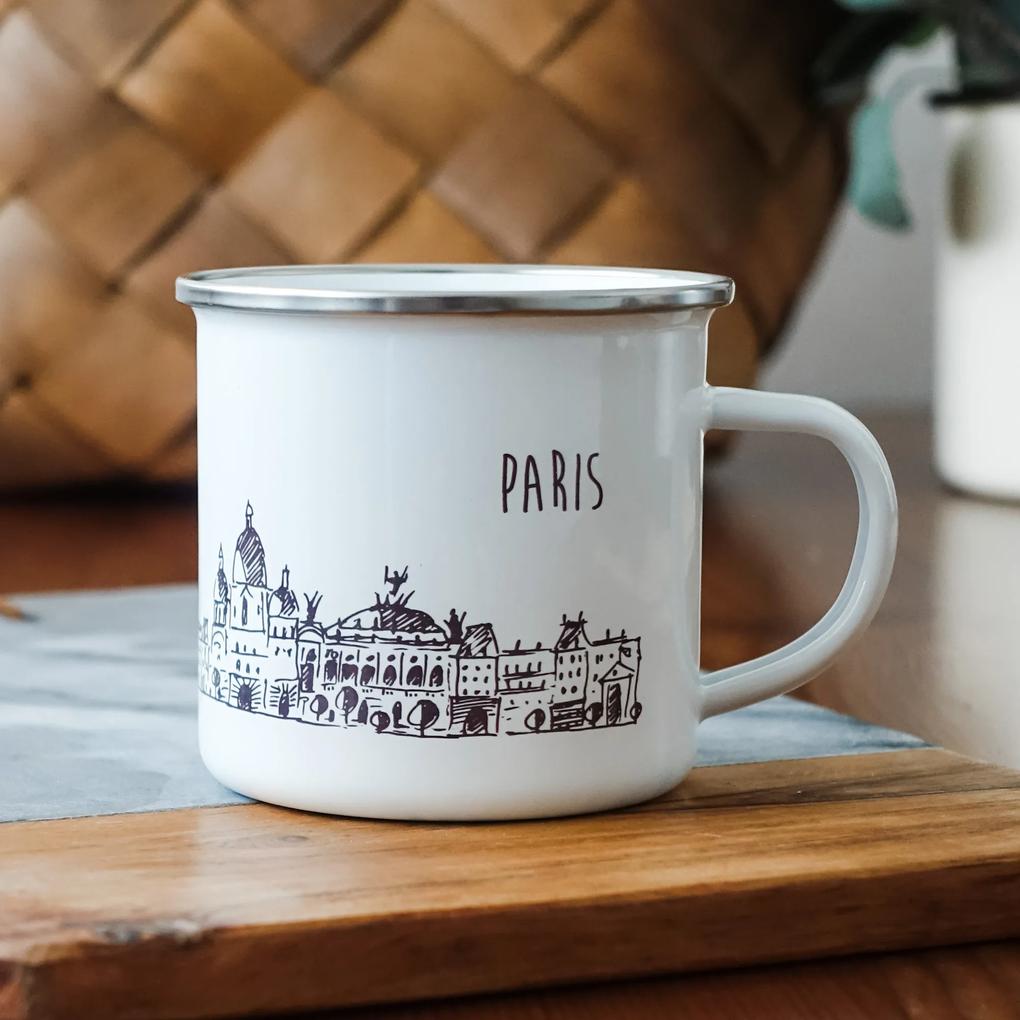 Domovi Bílý smaltovaný plecháček památkami Paříže a nápisem Paris 360ml