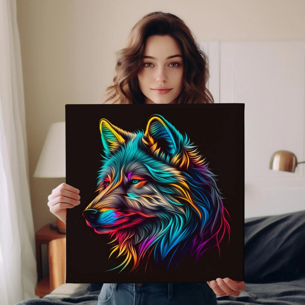 Obraz na plátně - Barevný zářící vlk, hlava FeelHappy.cz Velikost obrazu: 80 x 80 cm