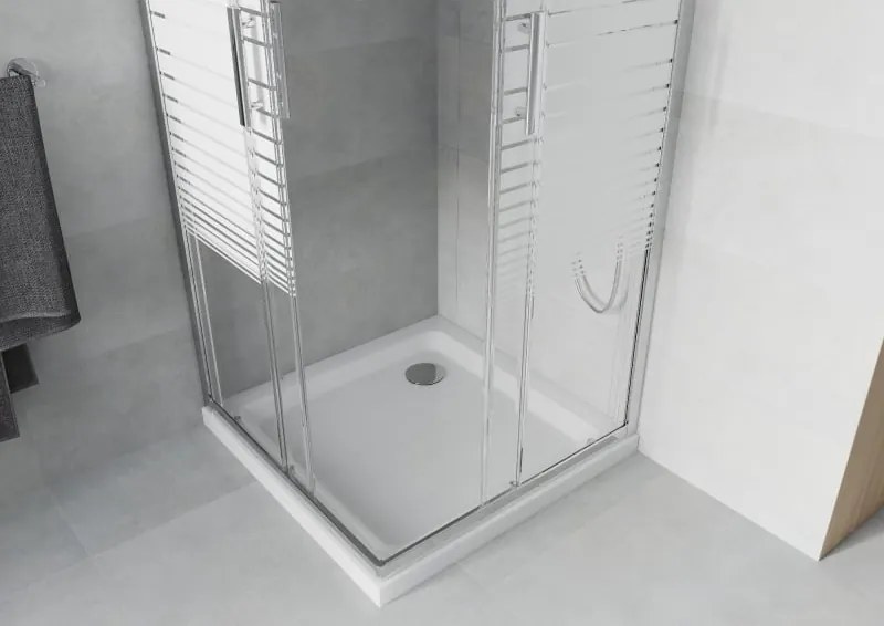 Mexen Rio čtvercový sprchový kout 90 x 90 cm, bílé pruhy, chrom + vanička Flat, bílá - 860-090-090-01-20-4010