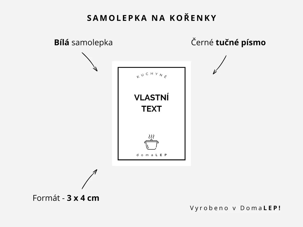 Vlastní text - Samolepka na kořenky 3 x 4 cm - DomaLEP varianta: PRŮHLEDNÁ - základní písmo