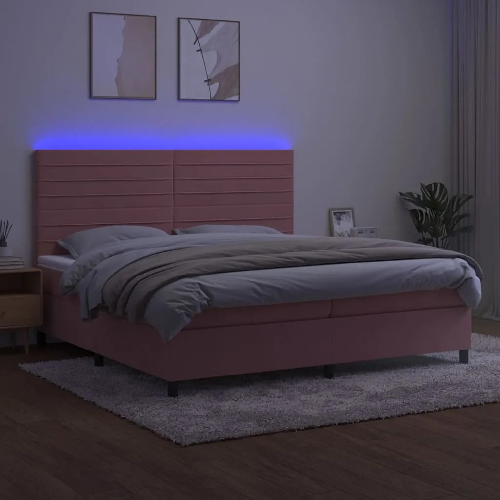 Box spring postel s matrací a LED růžová 200x200 cm samet 3136208